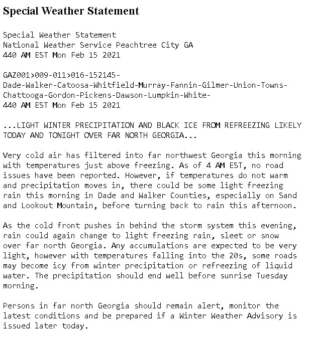 Special Weather Statement For Northwest Georgia | AM 1180 Radio