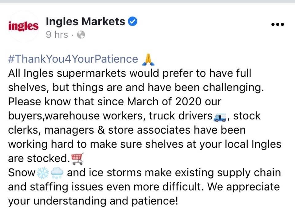 Ingles Supermarket Releases Statement About Supply Chain Issues | AM ...